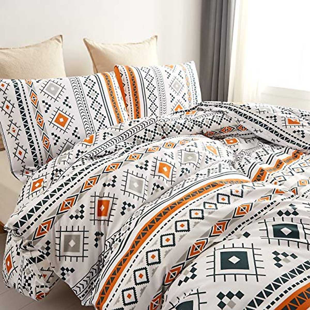 YFISAN Bohemian Duvet Cover Set Queen Size Orange Full Boho Comforter Cover Set Western 3 Pieces Geometric Lightweight Soft Breathable Farmhouse Bedding Duvet Cover Set White (Style 4, Queen，90"x90")