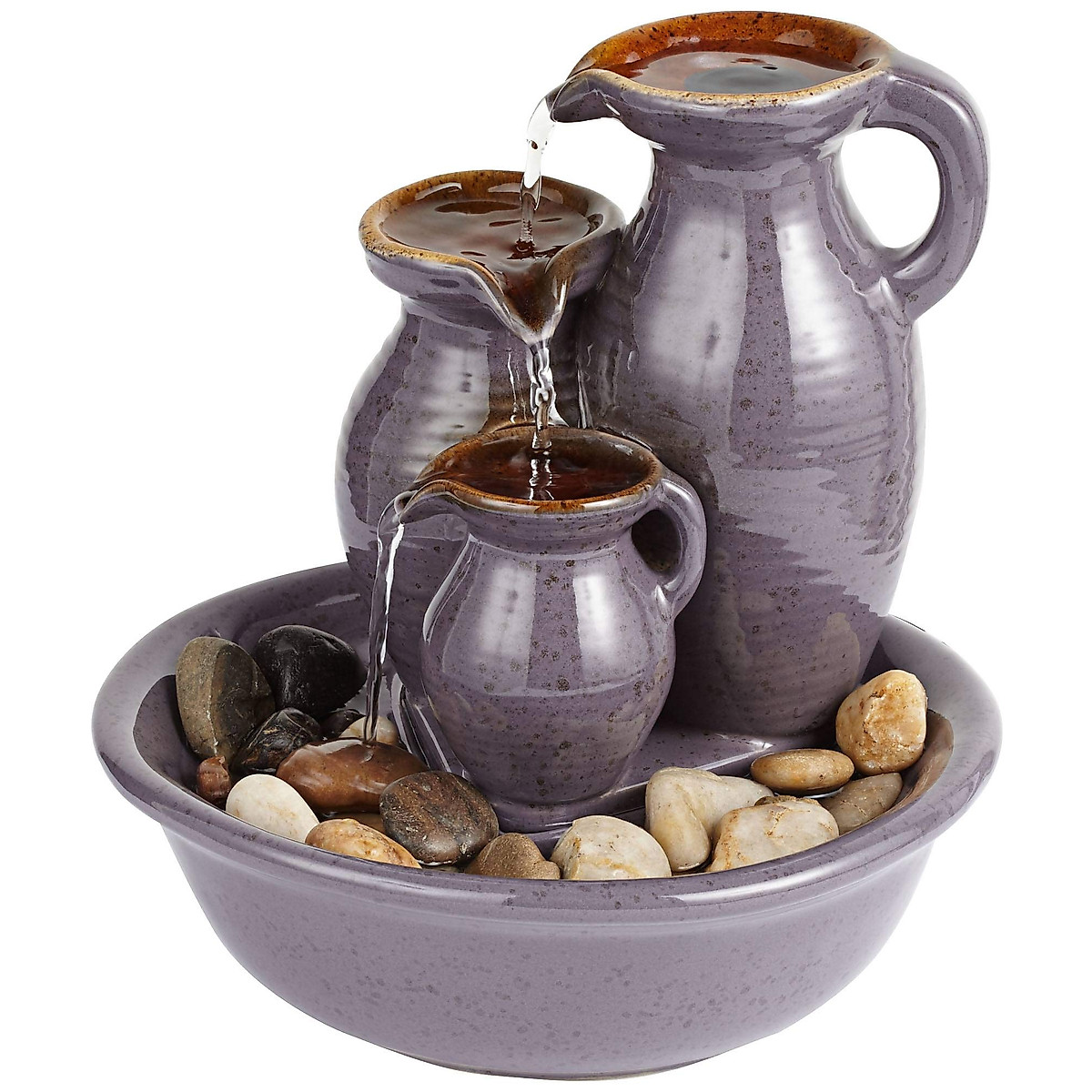 Triple Jug Zen Indoor Cascading Small Tabletop Water Fountain Chocolate Speckle Ceramic Real River Rock 9" for Table Desk-Top Home Office Bedroom House Relaxation Living Room - John Timberland