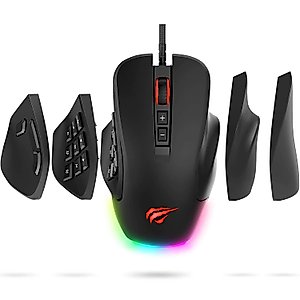 Havit Gaming Mouse Computer Ergonomic Wired Mice with 14 Programmable Buttons Interchangeable Side Plates (8 Buttons/ 8+6 Side Buttons), 2 Replaceable Right Plates for Laptop PC Gamer (Renewed)