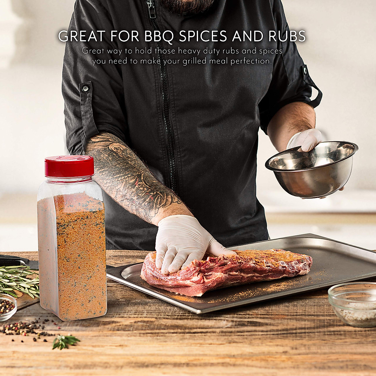 Upper Midland Products 4 Pack 32 Oz Large Spice Seasoning Shaker Containers Jars Plastic With Red Dual Flip Top Sided Lid, 4 Long Spoons And Labels