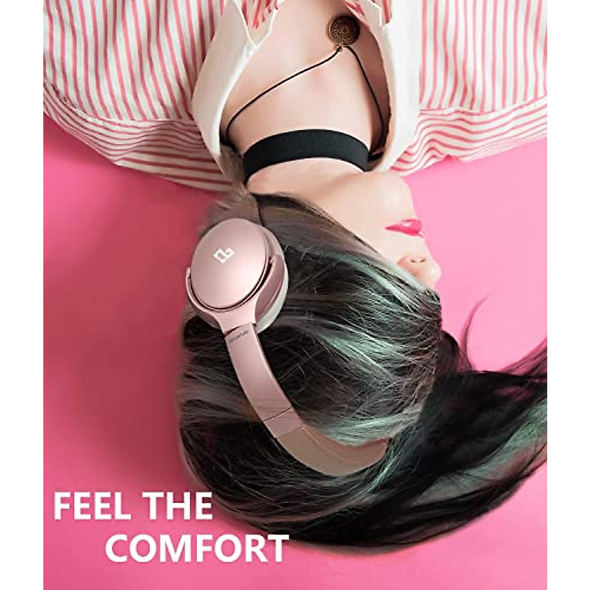 INFURTURE Active Noise Cancelling Headphones with Microphone, Wireless Over Ear Bluetooth Headphones-Black and Pink