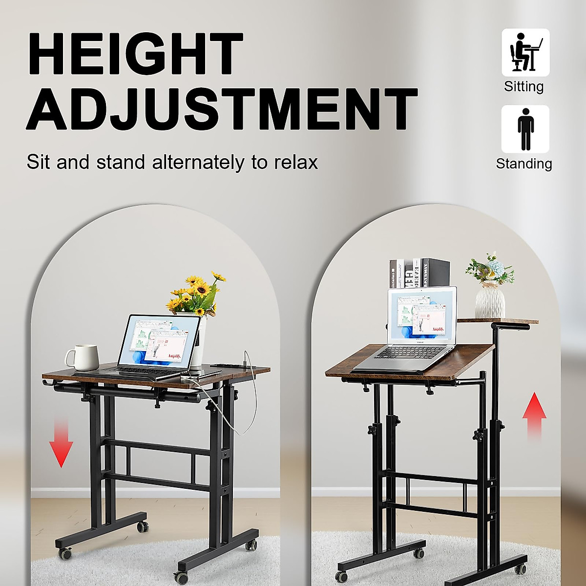 Hadulcet Mobile Standing Desk with Charging Station, Adjustable Standing Computer Desk, Standing Adjustable Laptop Cart with Wheels for Home Office Classroom Rustic Brown