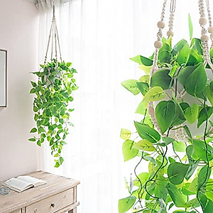Mkono 2 Packs Fake Hanging Plant with Pot, Artificial Plants for Home Decor Indoor Macrame Plant Hanger with Fake Vines Faux Hanging Planter Greenery for Bedroom Bathroom Office Decor, Ivory (Pothos)