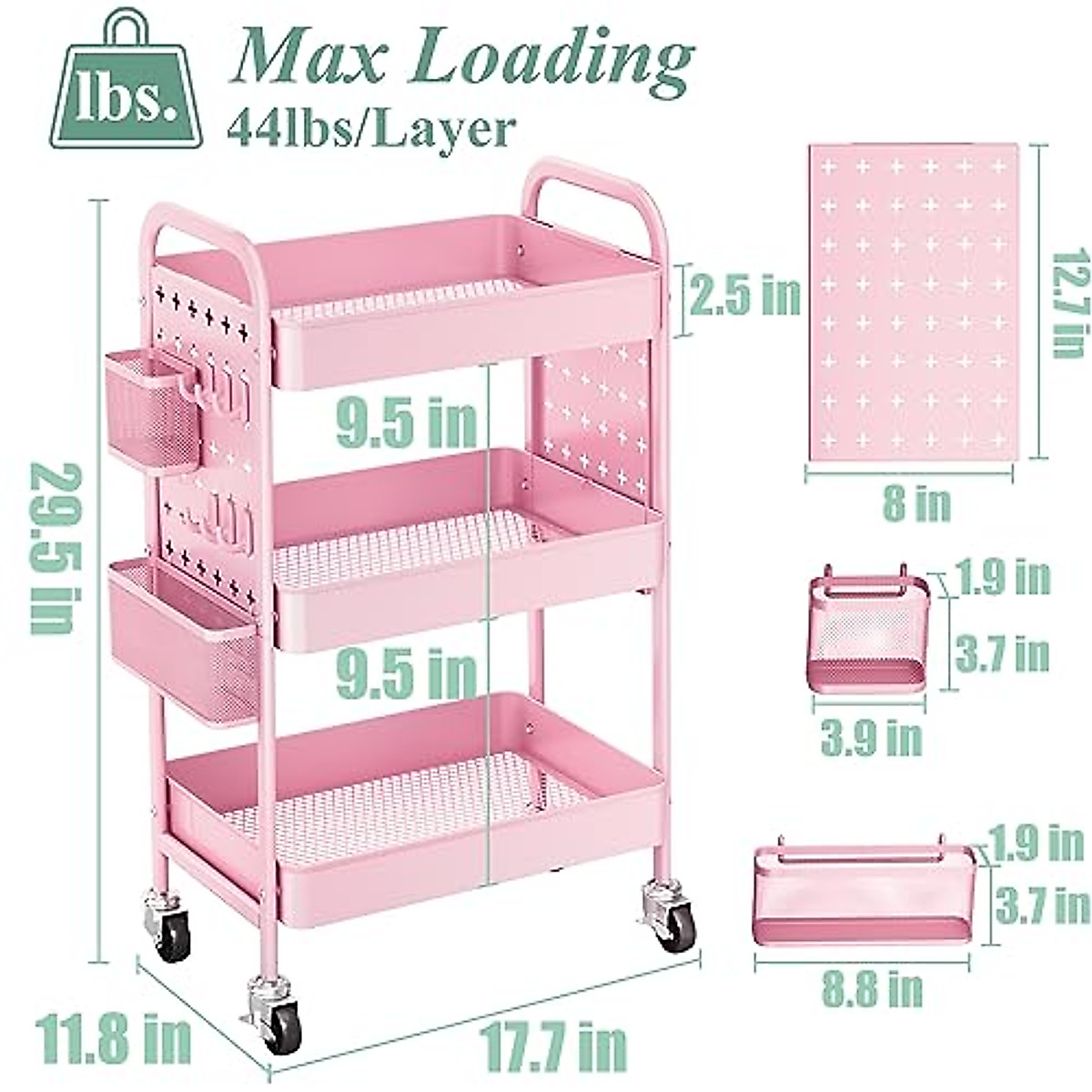 3 Tier Rolling Cart Organizer - Utility Cart on Wheels, Metal Pink Rolling Storage Cart with DIY Dual Pegboards, Removable Baskets Hooks, Teacher Rolling Art Cart for Office, Home, Kitchen, Classroom