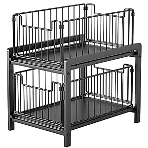 Pull-out Organizer 2 Tier Metal Under Sink Cabinet Organizer Sliding Drawer Home Storage Rack (Black)