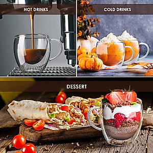 SUROQUE Double Wall Glass Coffee Mugs 8oz Insulated Glass Mugs with Handles Tea Cup Set of 4 Clear Coffee Mugs for Latte, Espresso, Cappuccino