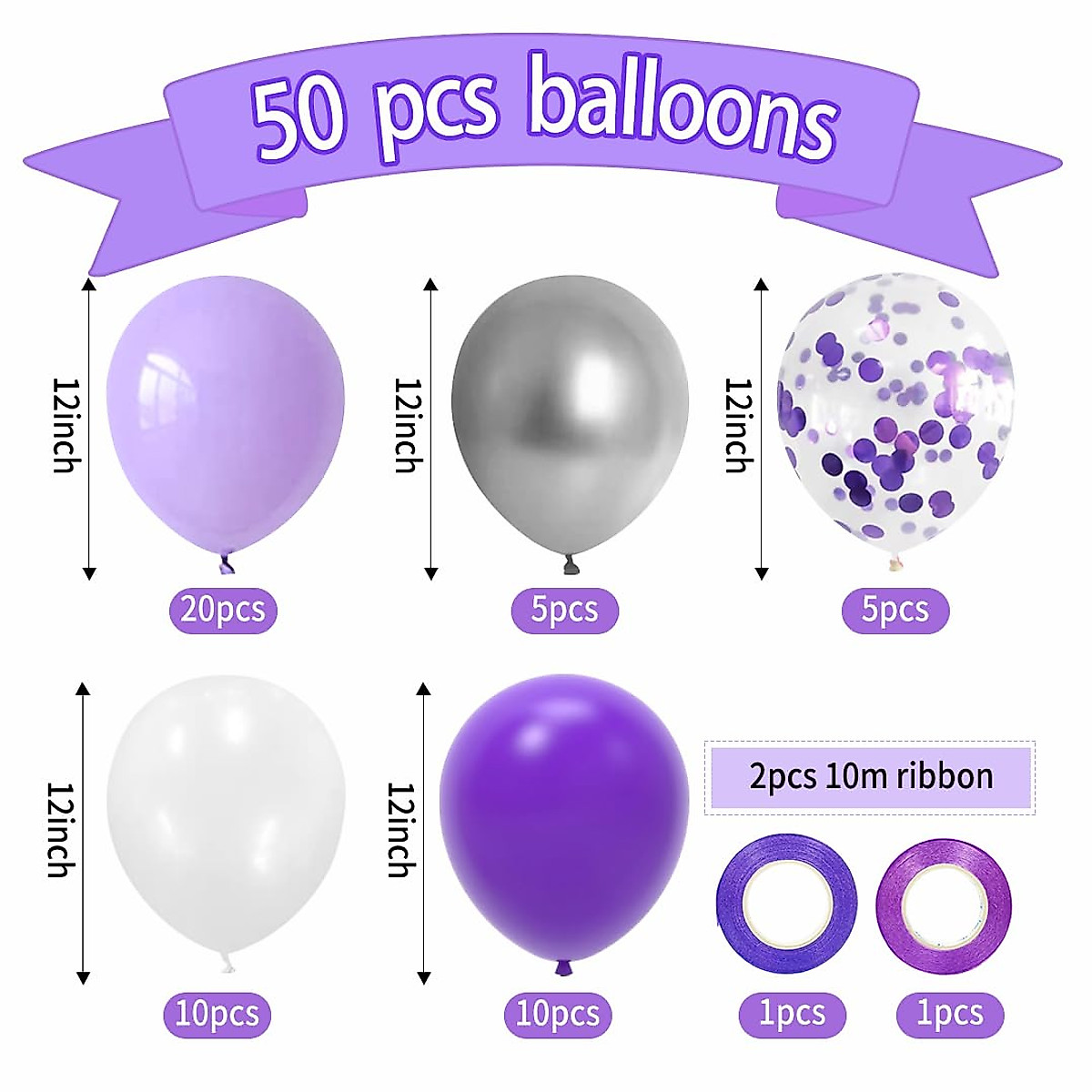 Msiveavz Purple White Party Balloons,Purple Balloons 50 Pcs 12 inch Purple and White Balloons Purple White Silver Latex Balloons For Wedding Baby Shower Birthday Party Decoration