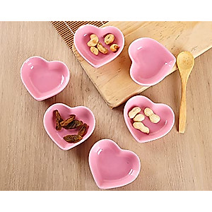 WHJY Pink Love Heart Shaped Ceramic Side Dish Bowl, Contemporary Porcelain Side Dishes Bowl, Seasoning Dishes Soy Dipping Sauce Dishes for Wedding Birthday Party- Set of 6