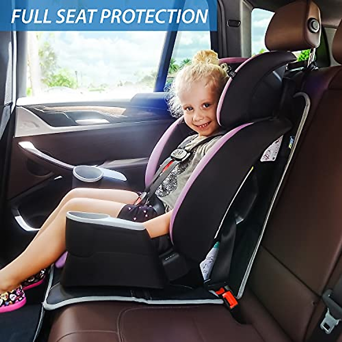 JOYSKY Car Seat Protector for Child Car Seat, 2 Pack Large Seat Protectors for Under Car Seat with Thick Padding and Storage Pockets, Full Protection for Your Vehicle Leather Seats