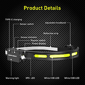 LED Headlamp Rechargeable, Super Bright Headlamp Flashlight with Motion Sensor, 5 Modes, 230°Wide Beam Headlight, IP65 Waterproof 1500 Lumens Sport Head Lamp for Running Hunting Hiking Camping(Black)