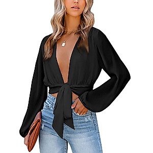 LYANER Women's Deep V Neck Tie Front Knot Long Sleeve Sexy Wrap Crop Top Blouse Solid Black Medium