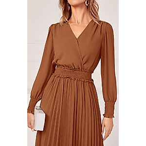 PRETTYGARDEN Women's Midi Long Puff Sleeve Summer Dresses 2024 Smocked Waist V Neck Flowy Ruffle Pleated Casual Long Dress (Brown,Medium)