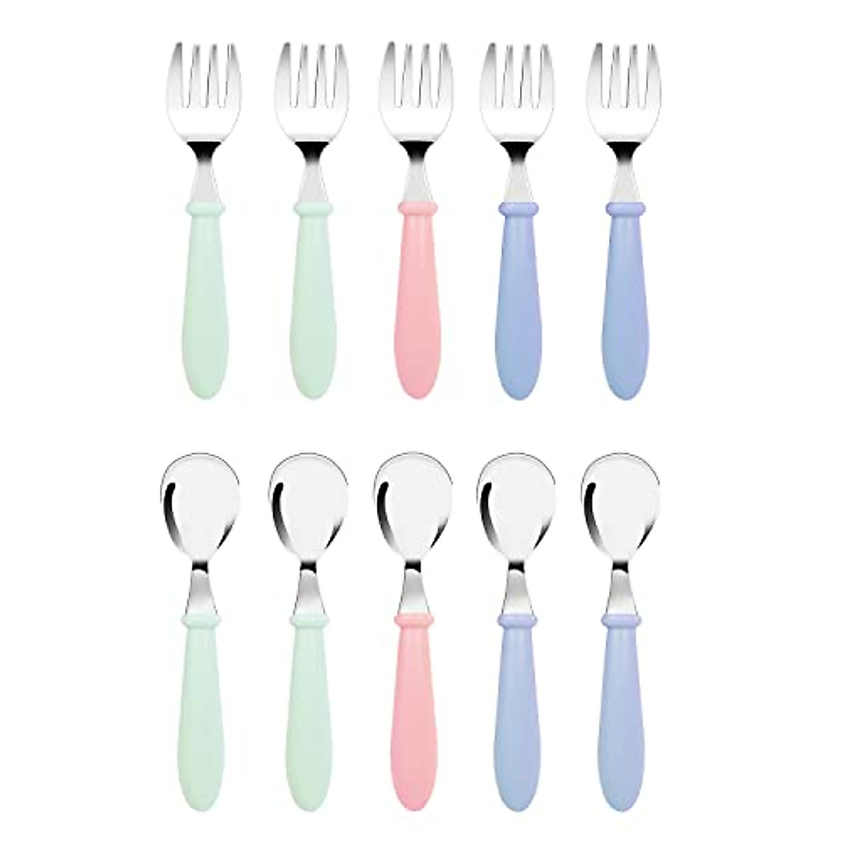 10 pcs Toddler Utensils, Stainless Steel Toddler Silverware Set with Round Handle, Baby Forks for Self Feeding, 5 Toddler Forks and 5 Toddler Spoons, BPA Free