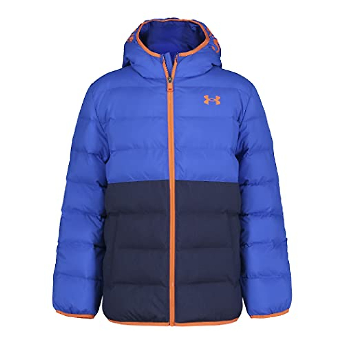 Under Armour Boys' Pronto Colorblock Puffer Jacket, Mid-Weight, Zip Up Closure, Repels Water, Versa Blue/Orange, 5