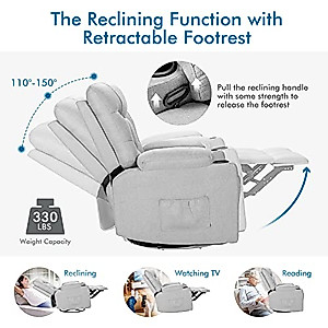 Giantex Swivel Rocker Recliner Chairs with Massage and Heating, 360 Degree Swivel Single Sofa w/Remote Control, 4 Pockets & 2 Cup Holders, Glider Chair for Nursery Living Room Bedroom (Grey)
