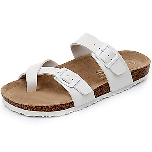 Women's Cork Footbed Sandals Cow Suede Slide Sandals for Women Toe Loop with Adjustable Strap Buckle Open Toe Beach Sandals