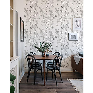 HomKihapai Vintage Wallpaper- Black and White Wallpaper Floral Peel and Stick Wallpaper Modern Bird Wallpaper for Bathroom Waterproof Contact Paper (Black and White, 118"X17.4")