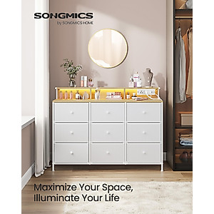 SONGMICS Dresser for Bedroom, Storage Organizer with 9 Fabric Drawers and LED Lights, Charging Station, Steel Frame, 13.2 x 44.9 x 33 Inches, Entryway, Cloud White ULTS519W01
