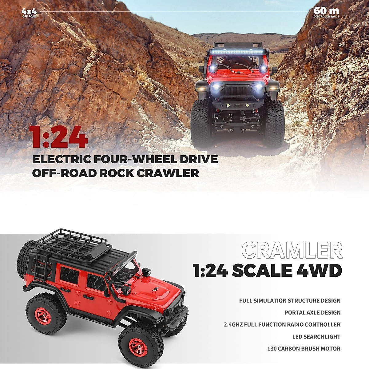 HTLNUZD 1/24 RC Truck 2428 4WD Electric RC Rock Crawler with LED Light 130 Carbon Brush Motor 3KM/H All Terrain Off Road Racing Car for Christmas,Festival Gift