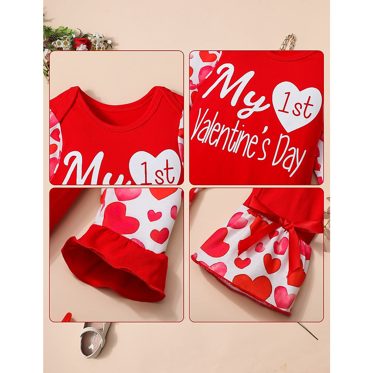 Valentines Baby Girl Outfit, 0-3 Months My First Valentines Day Baby Girl Outfit Letter Printed Long Sleeve Romper Ruffle Jumpsuits with Headband 2Pcs Set