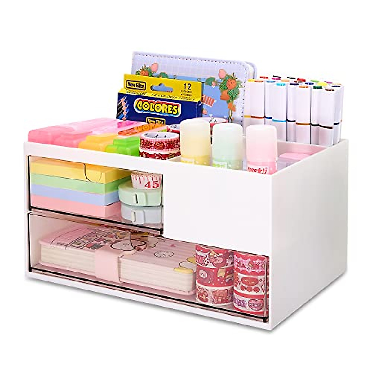 BiutiMama Desk Organizers and accessories with 2 Cosmetic Storage Drawers and 4 Compartments, Makeup Stationery Vanity Organizer, Desk Decor Aesthetic Multifunctional for Office, School, Home (White)