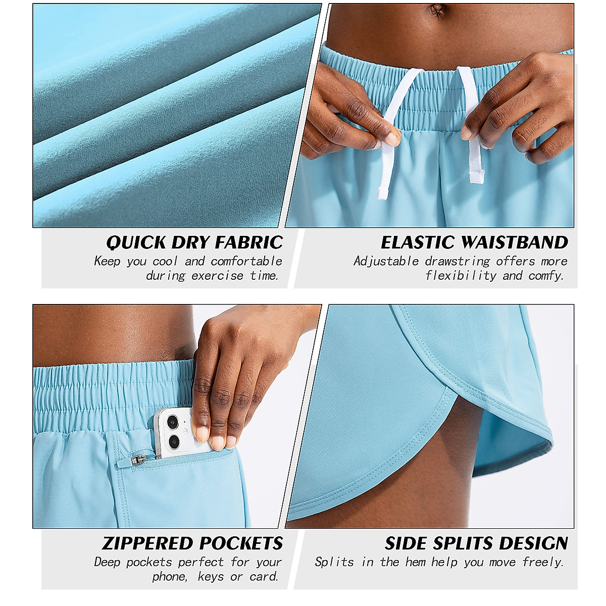 Soothfeel Womens Running Shorts with Zipper Pockets High Waisted Athletic Gym Workout Shorts for Women with Liner Light Blue