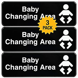 Excello Global Products Baby Changing Station Sign: Easy to Mount Informative Plastic Sign with Symbols 9x3, Pack of 3 (Black)