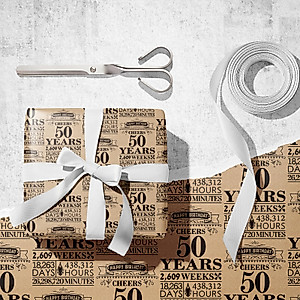 RUSPEPA Scented Kraft Wrapping Paper Roll - Mini Roll - Black 50 Years Design with Fragrance Great for Birthday, Party, Holiday - 17 inches x 16.4 feet - 50th Birthday