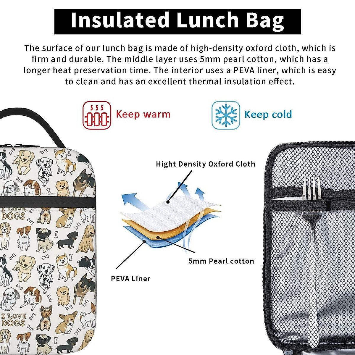 MIHAIN Cute Doodle Dog Portable Lunch Bag Insulated Box Reusable Cooler Totes For Women Men Ladies Adults Girls Boys Work Picnic Camping Black5 (2064B)