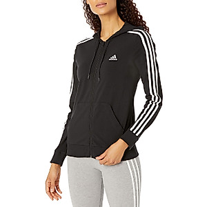 adidas Women's Essentials Single Jersey 3-Stripes Full-Zip Hoodie, Black/White, Small