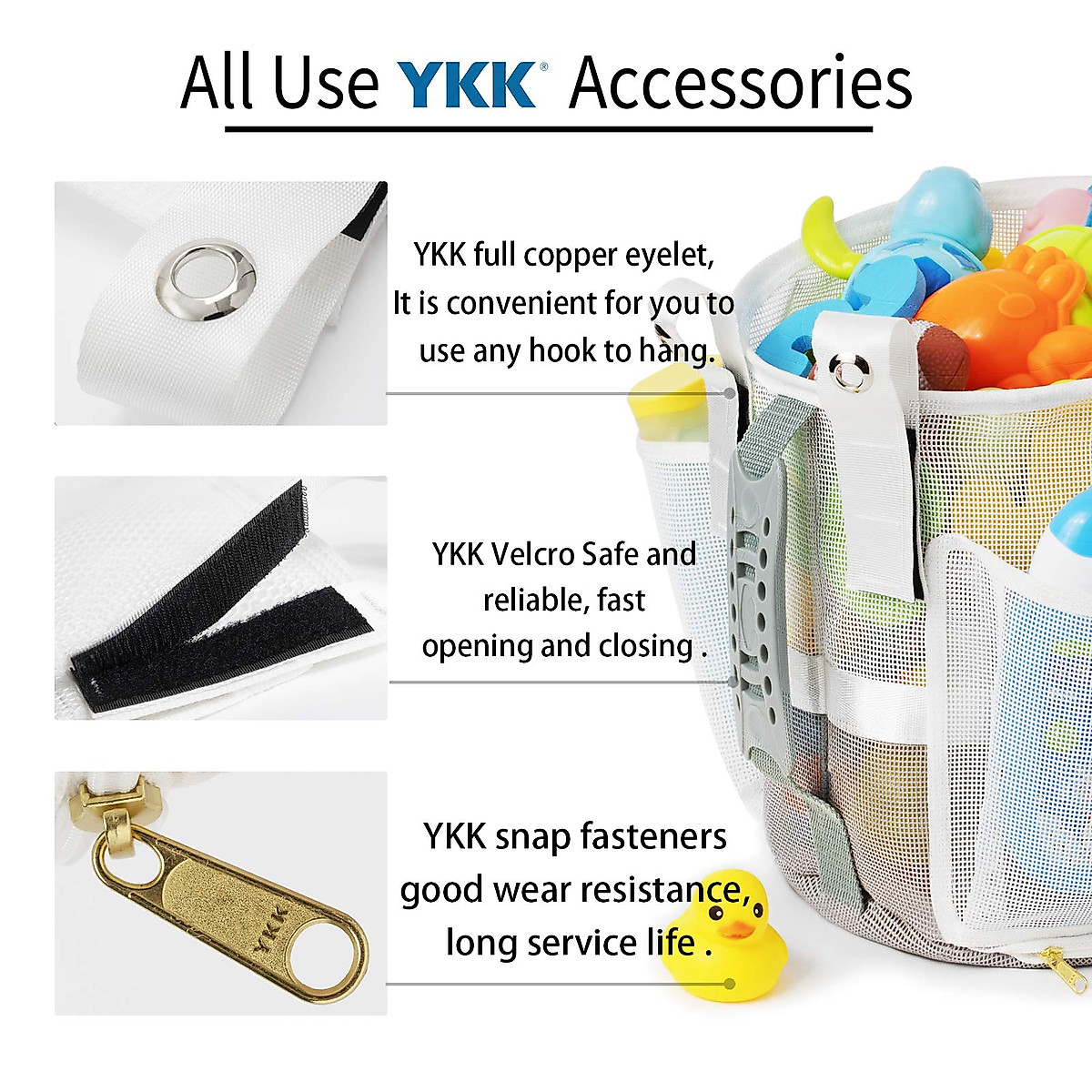 Quick Scoop Mesh Bath Toy Organizer for Tub with YKK Zipper，Multiple Ways to Hang, Ultra Large Capacity & Large Opening, Bathroom Toy Holder, Baby Bath Toys Storage Bag with 2 Side Pockets (White)