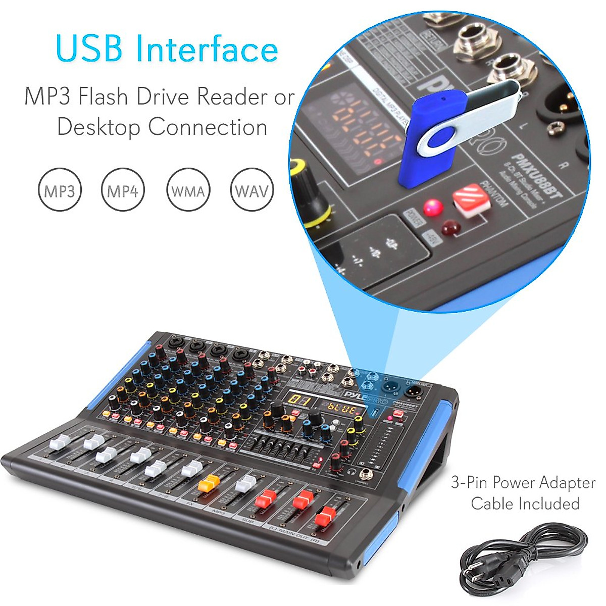 PYLE 8-Channel Bluetooth Studio Audio Mixer - DJ Sound Controller Interface w/ USB Drive for PC Recording Input, XLR Microphone Jack, 48V Power, RCA Input/Output for Professional & Beginners