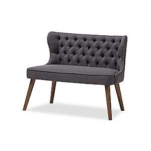 Baxton Studio Scarlett Mid-Century Modern Brown Wood and Dark Grey Fabric Upholstered Button-Tufting with Nail Heads Trim 2-Seater Loveseat Settee