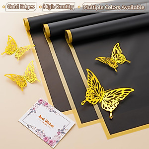 XIRTAIOV 20 Sheets Flower Wrapping Paper, Waterproof Floral Bouquet Wrapping Paper with 3D Butterflies and Greeting Cards, Florist Supplies Packaging Paper for Wedding Birthday Gift DIY (Black)