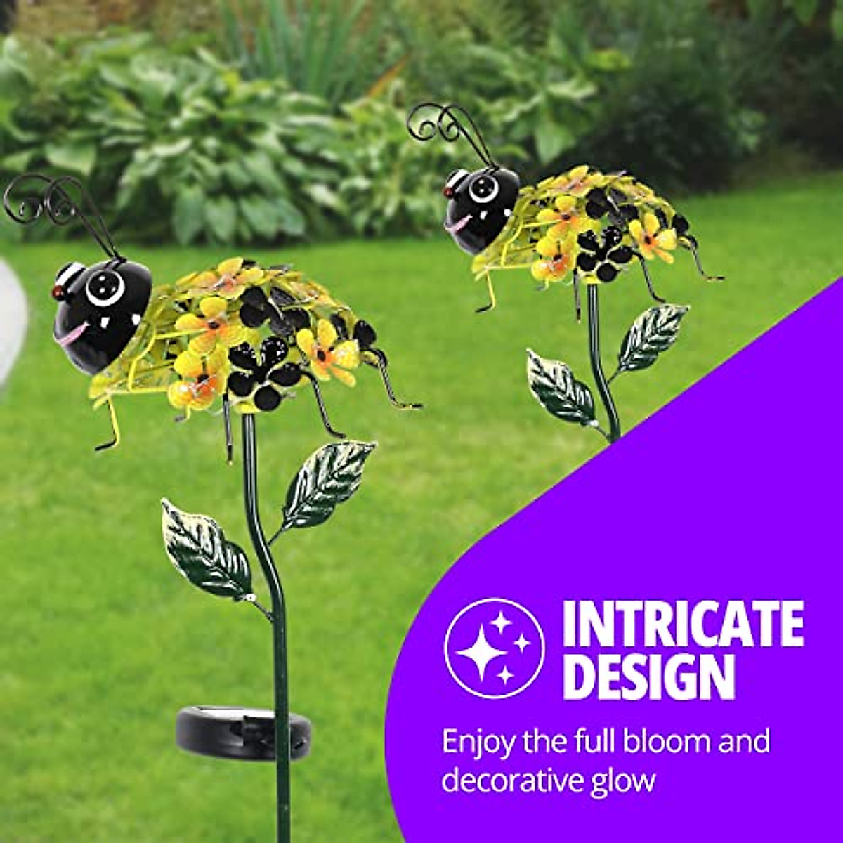 Exhart Solar Yellow Bumble Bee Garden Stake, 26 LEDs, Metal, Cute Garden Décor, 8.5"x7.5"x26.5"