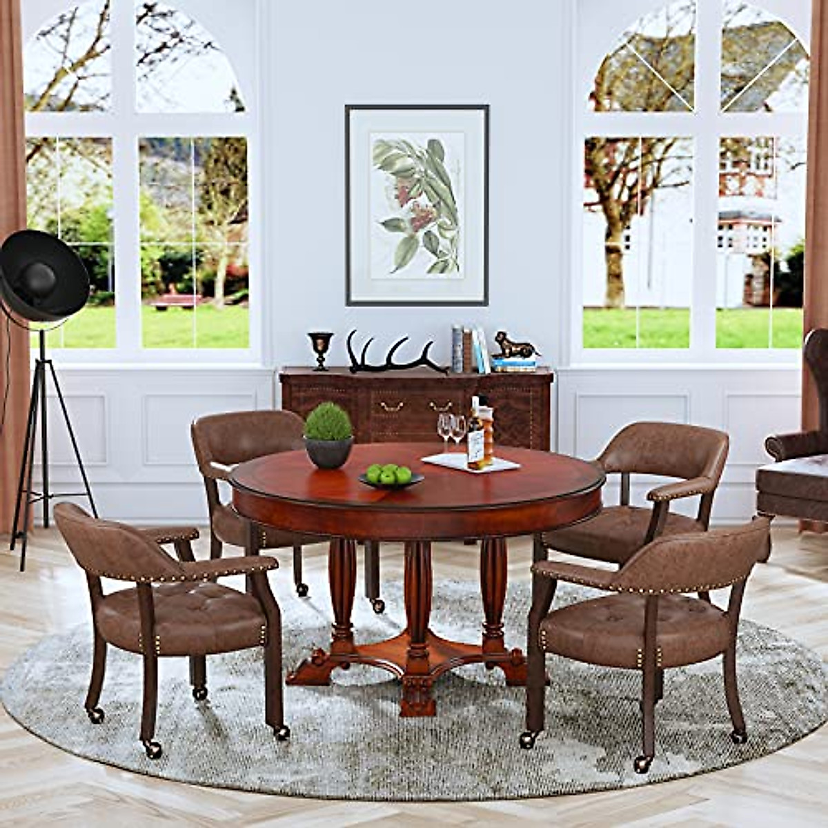 MODERION Solid Wood Boss Caption's Chairs,Dinning Chairs with Wheels and Arms,Office Desk Chairs, Classic Swivel Accent Chairs with Upholstered,Dinner Chairs, 31.5¡±H for Living Room Retro SY318DK