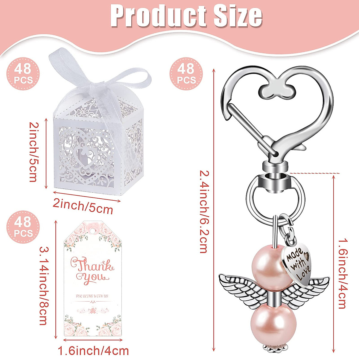 OurWarm 144Pcs Baby Shower Favors Including Cute Angel Keychains, Favor Boxes and Thank You Cards for Baptism Favors, Bridal Shower Favors, Birthday Party Favors Wedding Favors for Guests (Pink)