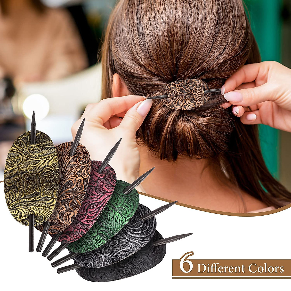 Noverlife 6PCS Hair Barrette with Stick, Faux Leather Oval Shape Hair Clips Hair Slider Pin Ponytail Holders, Bohemian Style Hair Accessories Barrette with Wood Slide Stick for Women Girls