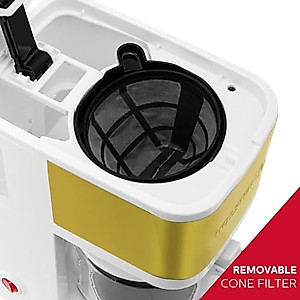 Holstein Housewares 5-Cup Coffee Maker - Pause N Serve, One-Touch Operation, Non-Stick Warming Plate, Water Level Indicator - Reusable Filter - Compact Design - White and Gold Color