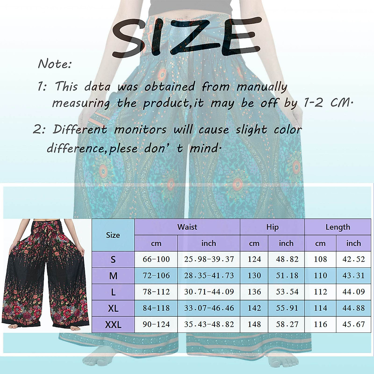 Women Plus Size Boho Pants Vintage Casual Yoga Stretchy Wide Leg Fold Over High Waist Trousers with (Black-A, XXL)