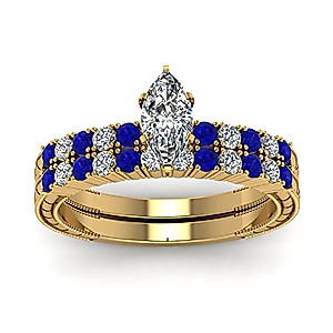 Gemsonclick Petite Vintage Diamond Wedding Set yellow gold plated Created Blue Sapphire Marquise shape Blue color Wedding Ring Sets prong Setting in Size 12 Casual Wear for Gift