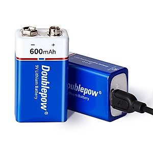 Doublepow 9V Lithium Battery,9V Rechargeable Batteries,9v Battery for Smoke Detector,9V Batteries,600mAh Capacity,Fast Charging(2 Pack)