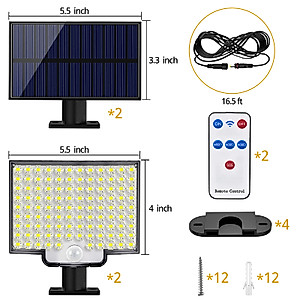 Solar Lights Outdoor, 106 LED 3000LM Solar Powered Motion Sensor Flood Lights with Remote, Dusk to Dawn Led Solar Security Wall Lights with 16.5Ft Cable IP65 Waterproof for Outside, Garage, 2 Pack