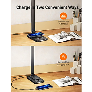 sympa LED Desk Lamp, Desk Lamp with Wireless Charger, Dimmable Desk Light with 25 Light Modes, Study Lamp with Night Light, 60 Min Timer, 5S Delay, for Home Office