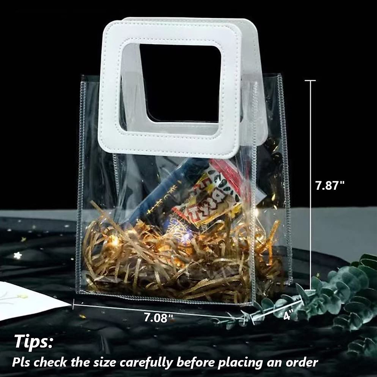 Fnuiddt 6 Pack Clear PVC Gift Bag with Handle, Transparent Plastic Gift Bag, Heavy Duty Reusable Gift Wrap Tote Bags Shopping Bags for Bridal Party Baby Shower Wedding Favor (7.08" x 4" x 7.87")