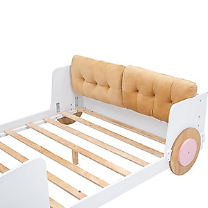 Yehha Full Size Platform Bed w/Upholstered Headboard & Storage Shelves Footboard, Wooden Bedframe with Wheels & Headlights for Kids, White