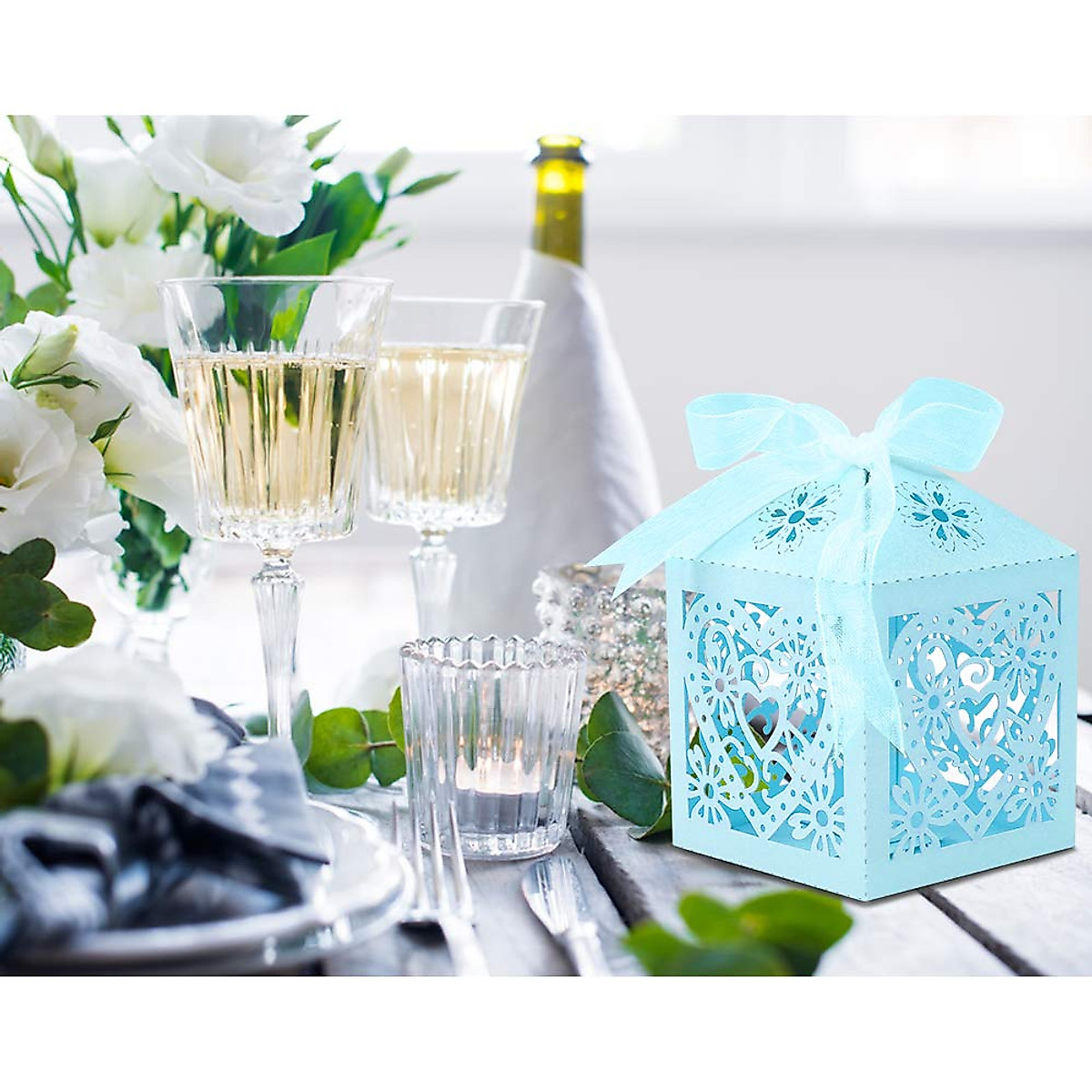 Lucky Monet 25/50/100PCS Love Heart Laser Cut Wedding Candy Gift Box Chocolate Box for Wedding Favor Birthday Party Bridal Shower with Ribbon (100pcs, Blue #01)