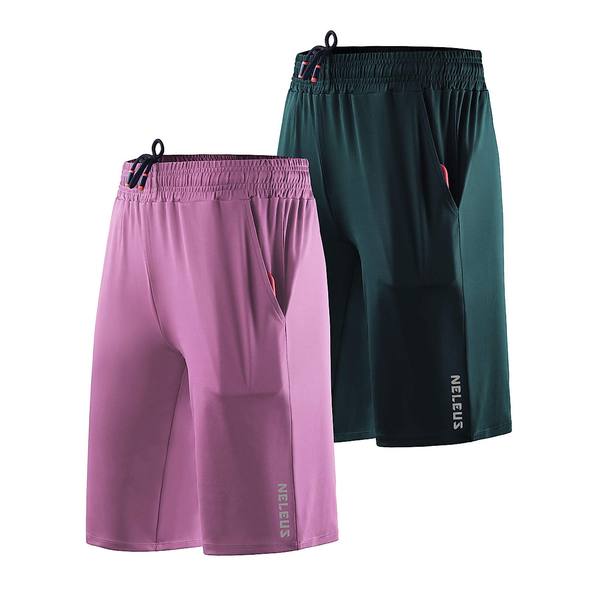 NELEUS Women's 10 inch Running Shorts Workout Athletic Short for Yoga with Pocket,Pink/Blackish Green,2 Pack,US 2XL,EU 3XL