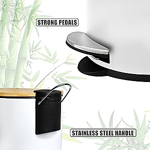 SIDIANBAN Small Bathroom Trash Can with Bamboo Lid Soft Close and Foot Pedal, 1.3Gal/5L Round Garbage Can with Removable Inner Wastebasket for Bedroom, Powder Room, Craft Room, Office, Kitchen, White