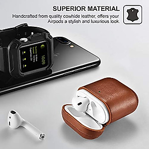 AirPods Leather Case, ICARER Genuine Leather AirPod case with Keychain and Led Light for Apple AirPods 2 Case & Airpods 1, Support Wireless Charging (Brown)